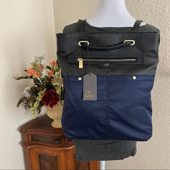 Tutilo | Bags | Tutilo Navy Nylon And Black Vegan Leather Tote Backpack ...